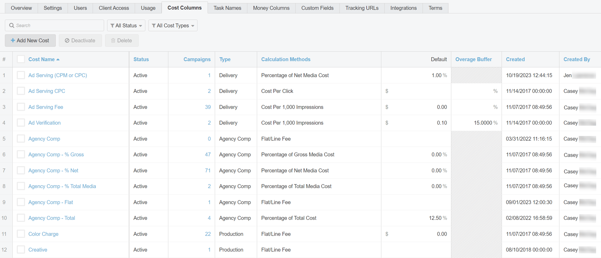 Manage Custom Cost Columns